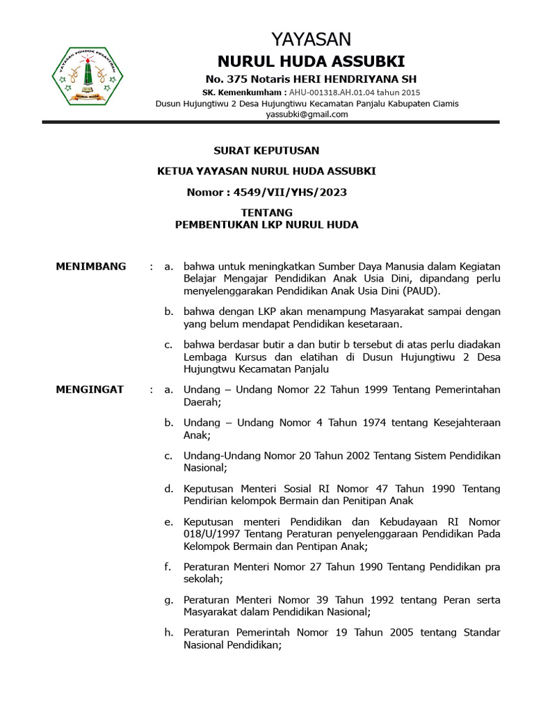 A.1.15.4 Surat Keputusan SK Pendirian LKP Ni | PDF
