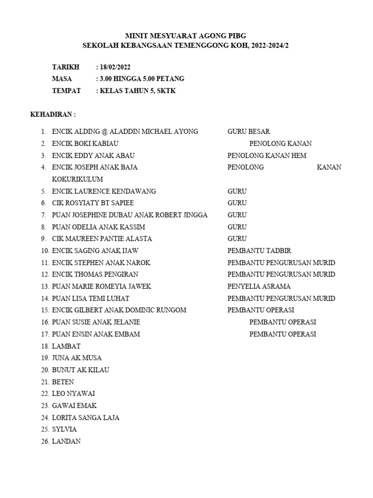 Mesyuarat PIBG 2022 (BIL 2) | PDF