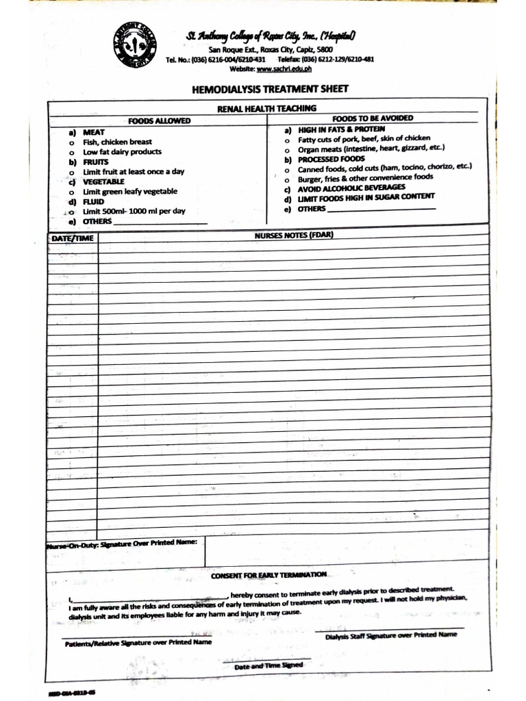 Hemodialysis Treatment Sheet (1) | PDF