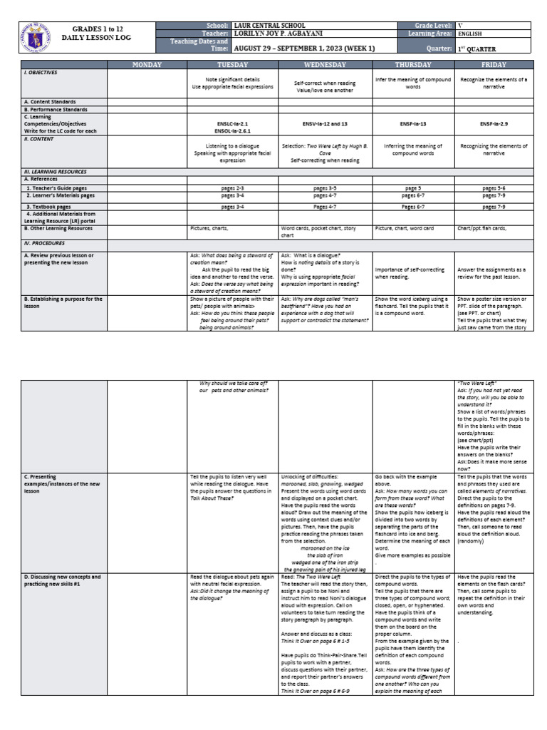DLL - English 5 - Q1 - W1 | PDF | Word | Learning