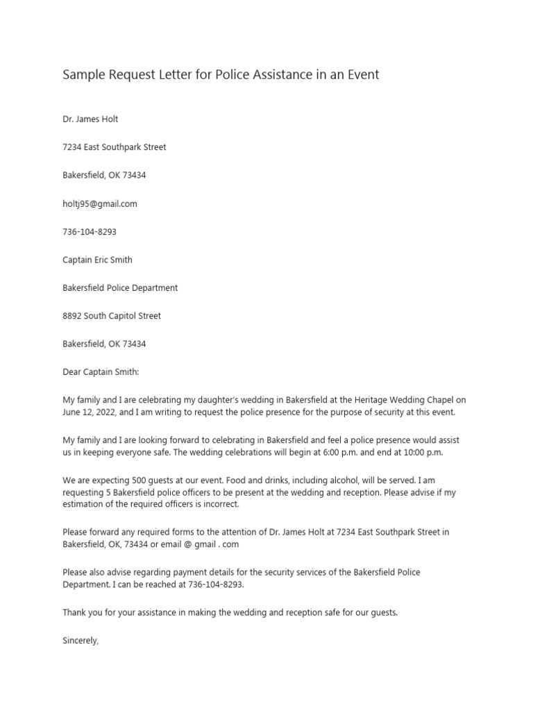 Sample Request Letter for Police Assistance in an Event 19-05-22 | PDF