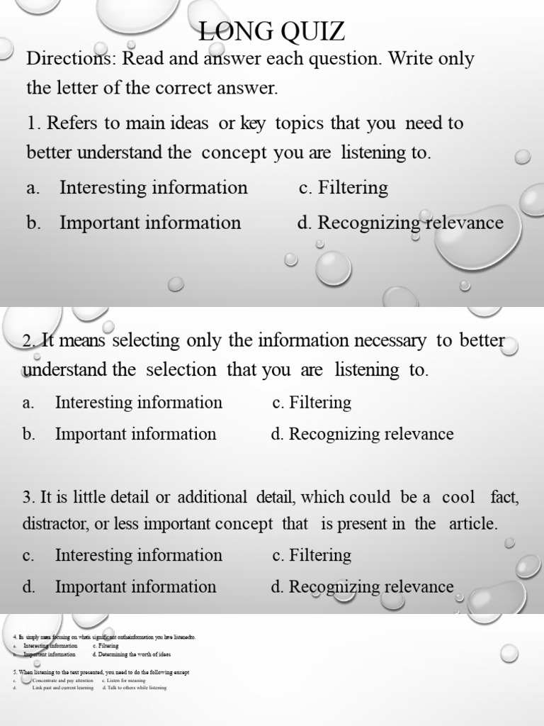 Long Quiz | PDF | Narration | Human Communication