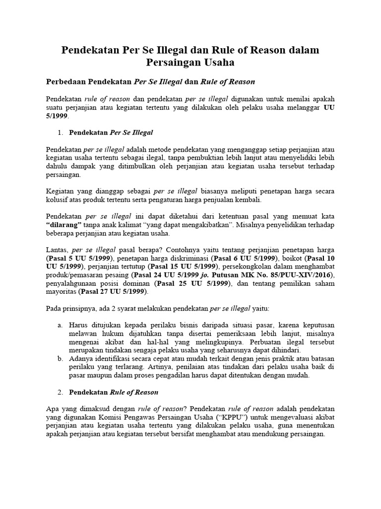 Pendekatan Per Se Illegal vs Rule of Reason | PDF