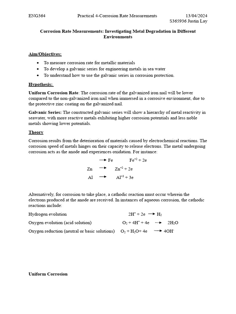 ENG364-practical4-Corrosion-S365936-Justin Lay | PDF | Corrosion | Anode