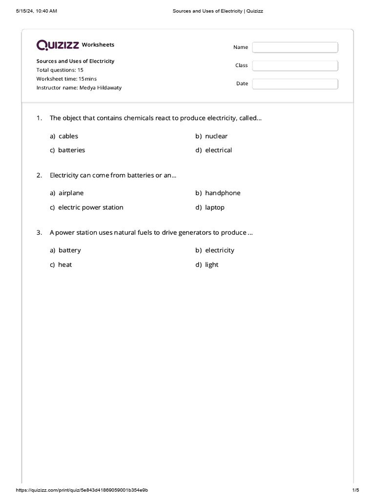 Sources and Uses of Electricity - Quizizz | PDF | Power Station ...