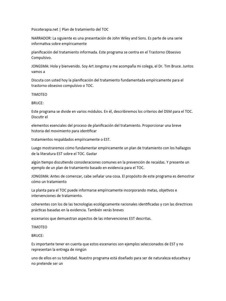 Plan Trátamiento TOC | PDF | Desorden obsesivo compulsivo | Terapia de ...