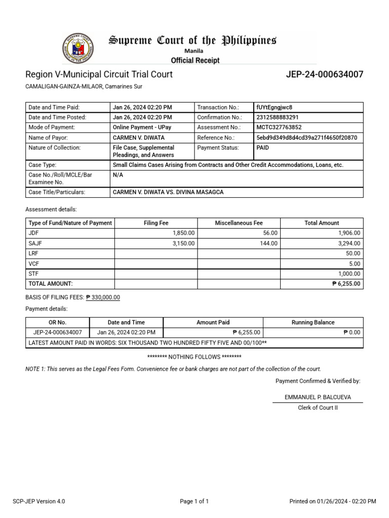 Municipal Court Payment Confirmation | PDF | Fee | Services (Economics)