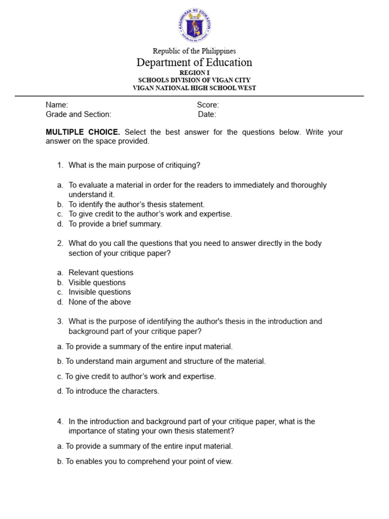 Identifying-Elements-of-a-Critique_Exam | PDF | Evaluation | Thesis
