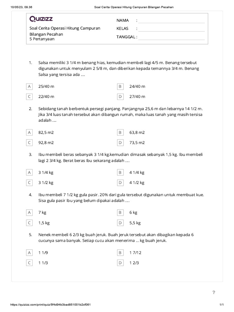 Soal Cerita Operasi Hitung Campuran Bilangan Pecahan | PDF