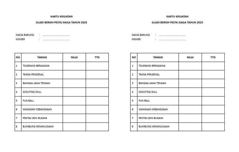Contoh Kartu Kegiatan Gladi Pesta Siaga | PDF