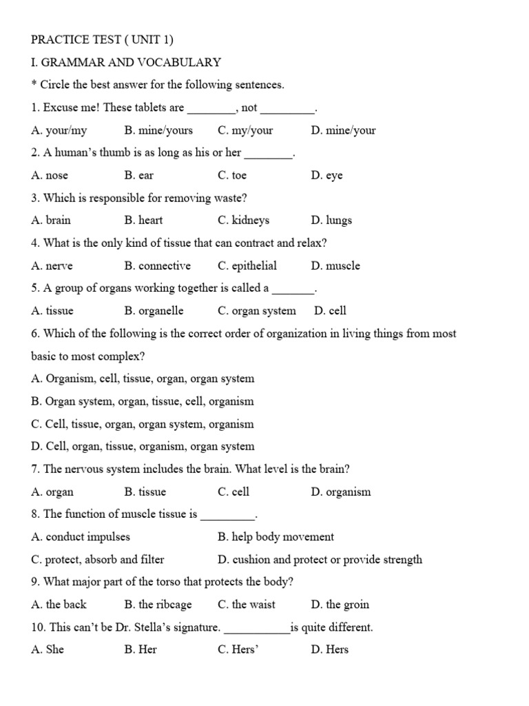 Biology Practice Test | PDF | Tissue (Biology) | Senses