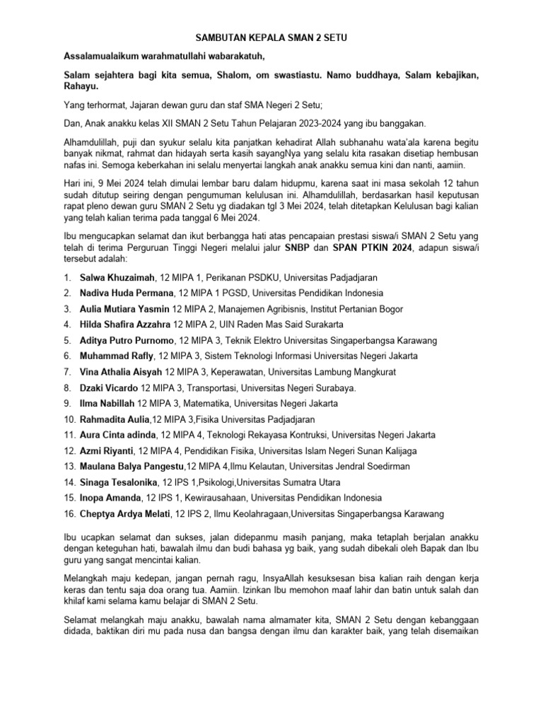 Sambutan Kepala Sman 2 Setu - Pelepasan 2024 | PDF