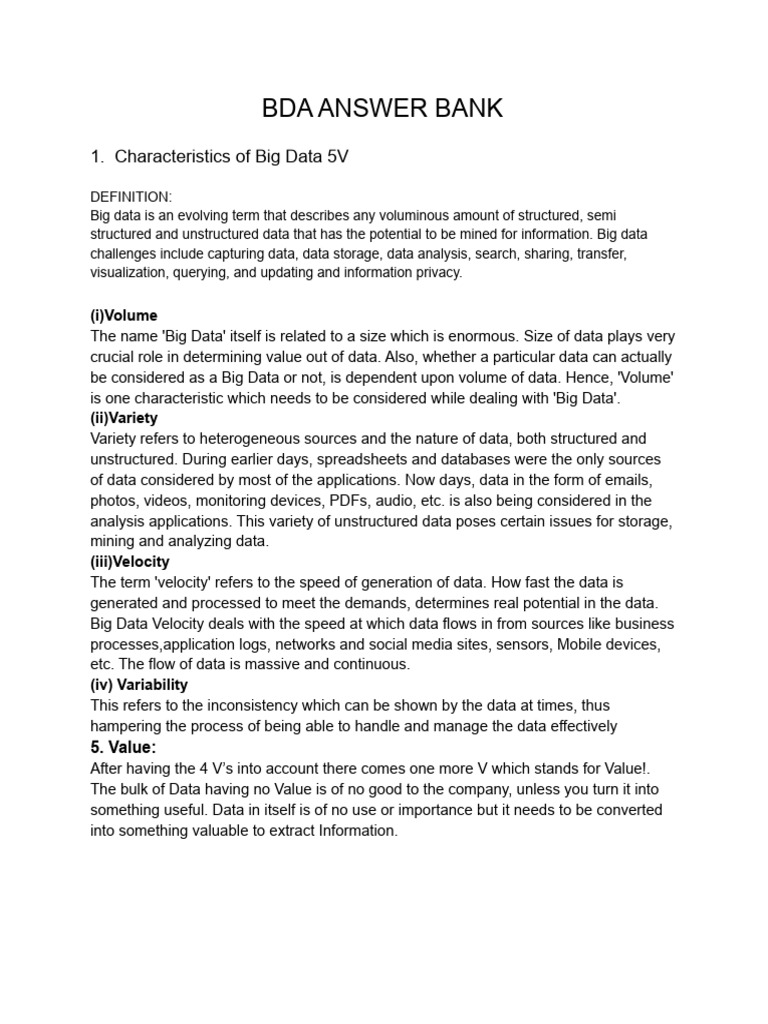 Bda Answer Bank: 1. Characteristics of Big Data 5V | PDF | Apache Hadoop | No Sql