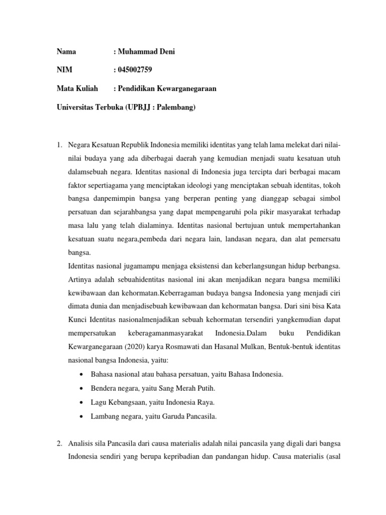 Muhammad Deni - 045002759 - Pendidikan Kewarganegaraan - Tugas 2 | PDF