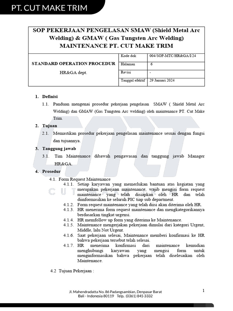 Sop Pekerjaan Las Maintenance Pt. Cut Make Trim | PDF