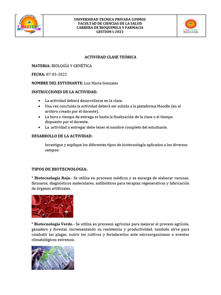 ACTIVIDAD CLASE TEORICA TIPOS DE BIOTECNOLOGIA | PDF | Biotecnología | Ciencias de la vida