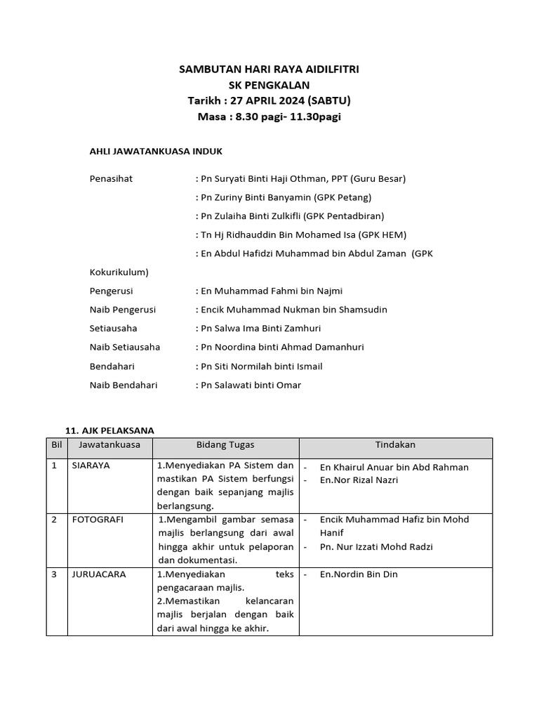 Ajk Pelaksana Sambutan Hari Raya 2024 | PDF