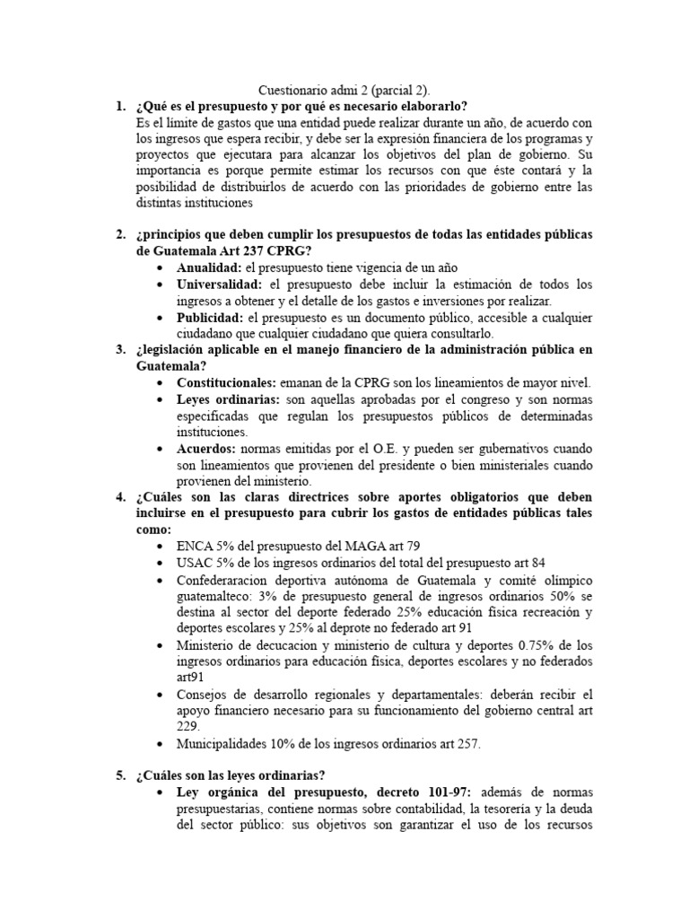 Cuestionario Admi 2 | PDF | Presupuesto | Interés público