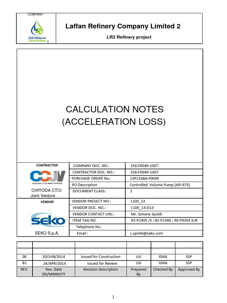 Calculation Notes (Acceleration Loss) | PDF | Pump | Hydraulics