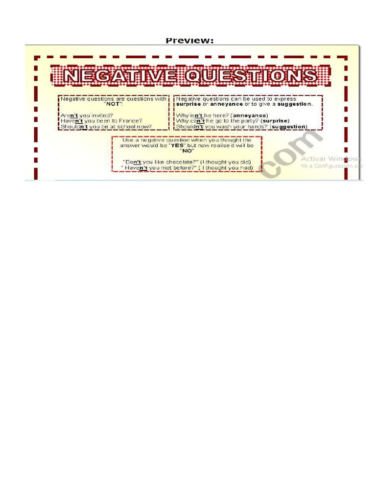 Negative Questions Worksheets | PDF