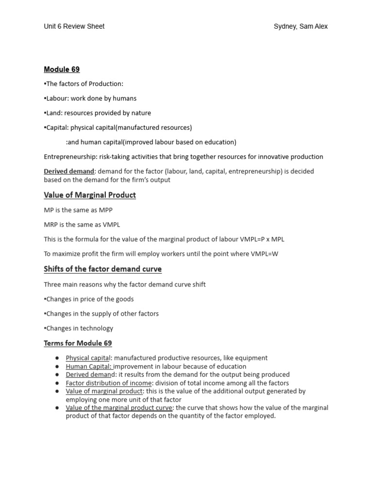Unit 6 Review Sheet Pdf Labour Economics Supply Economics