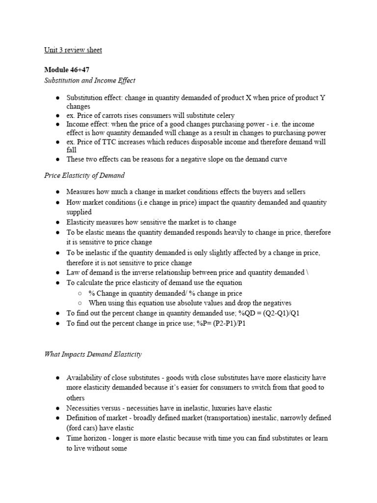 Econ Unit 3 Review Sheet | PDF | Demand | Elasticity (Economics)