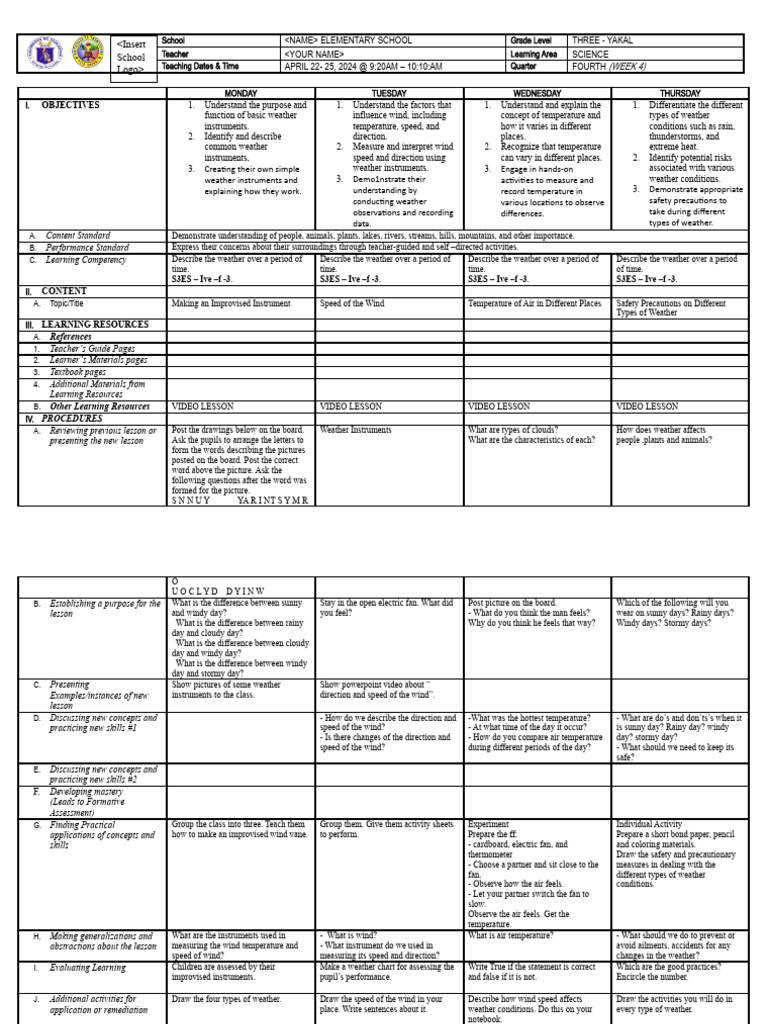 G3 Q4 W4-SCIENCE - DLL For Uploading | PDF | Learning | Weather