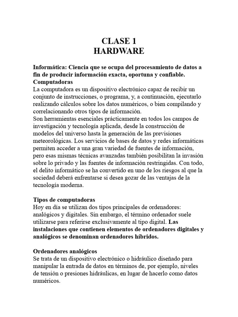 Resumen Clase 1 Hardware | PDF | Almacenamiento de datos de la ...