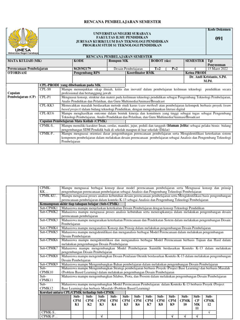 Contoh RPS Perencanaan Pembelajaran | PDF