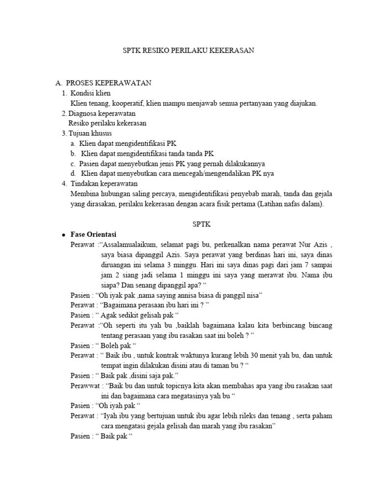 SPTK RESIKO PERILAKU KEKERASAN sp1 | PDF