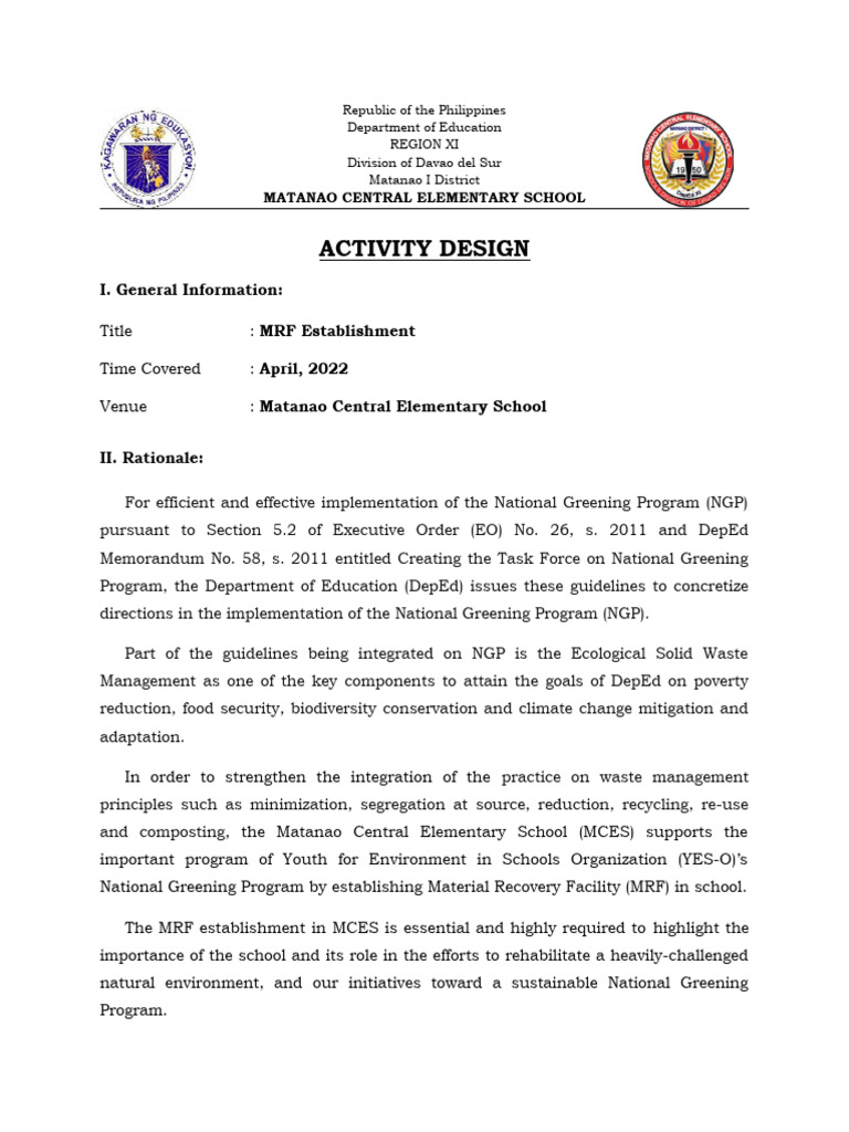 MRF - ACTIVITY DESIGN | PDF | Waste Management | Environment