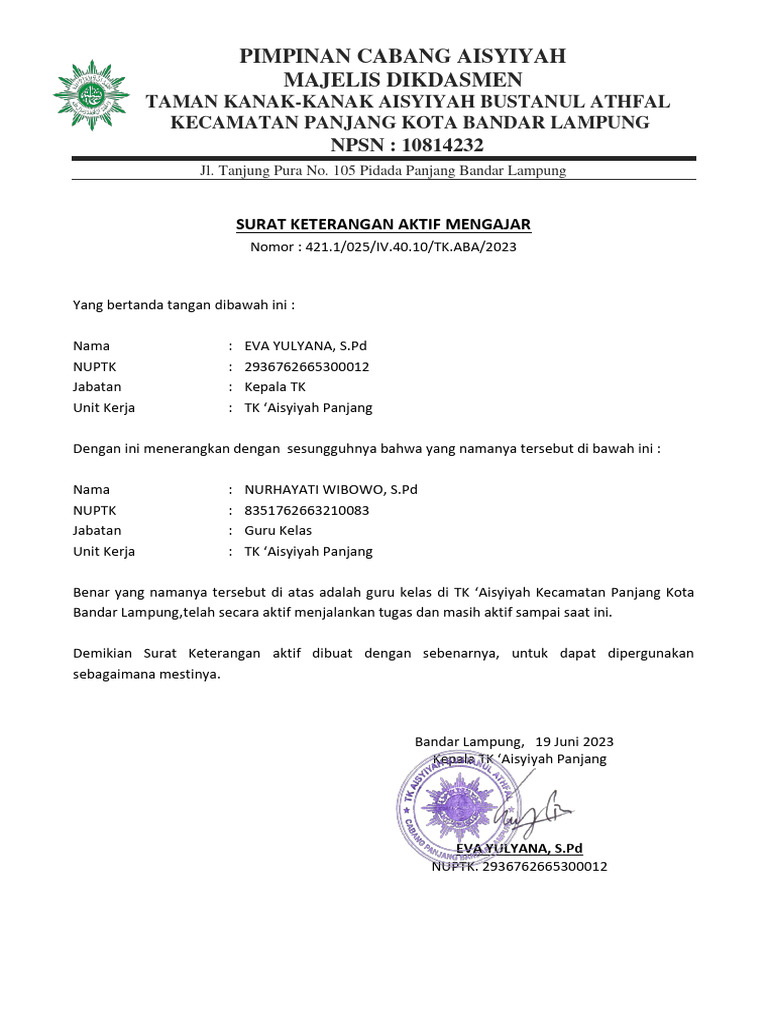 Surat Keterangan Aktif Mengajar | PDF