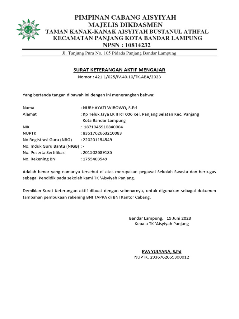 SURAT KETERANGAN AKTIF MENGAJAR Pembuatan Rek BNI | PDF