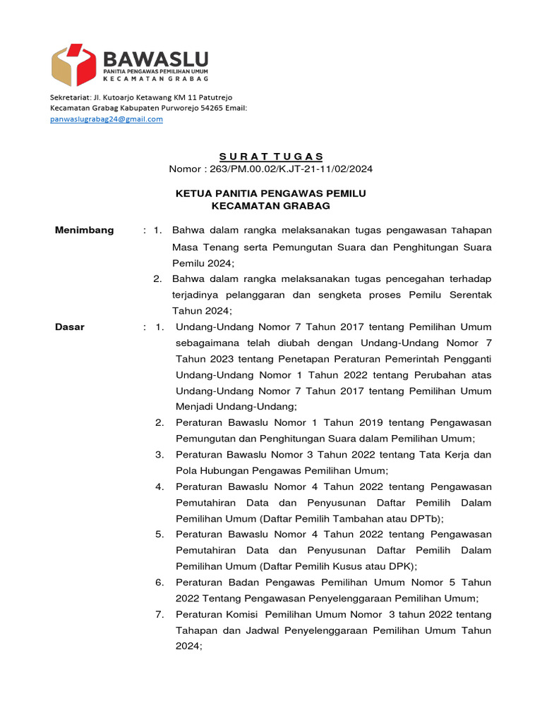 263 - SURAT TUGAS PTPS Masa Tenang Dan Tungsura Pemilu 2024 - KECAMATAN GRABAG | PDF