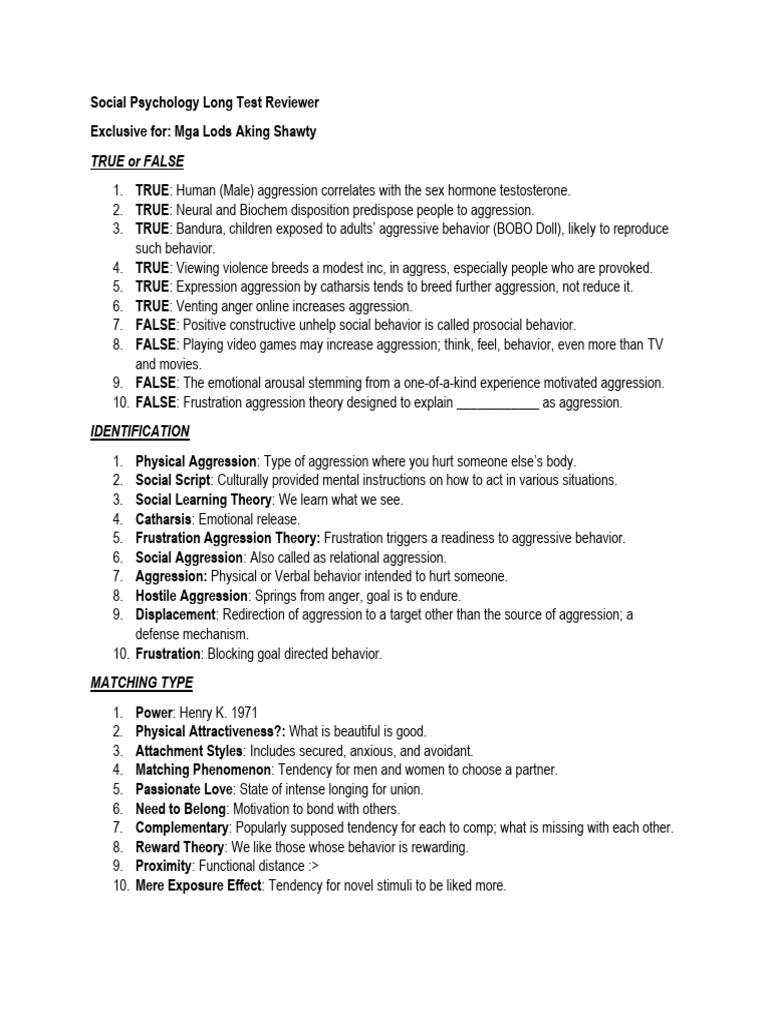 Social Psychology Long Test Reviewer | PDF | Self-Improvement | Wellness