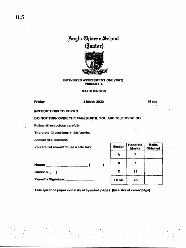 P4 Maths 2023 WA1 ACSJunior | PDF
