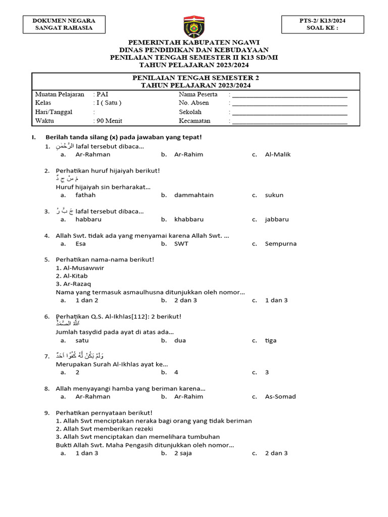 Soal PTS 2 - Pai - Kelas 1 - 2023-2024 | PDF