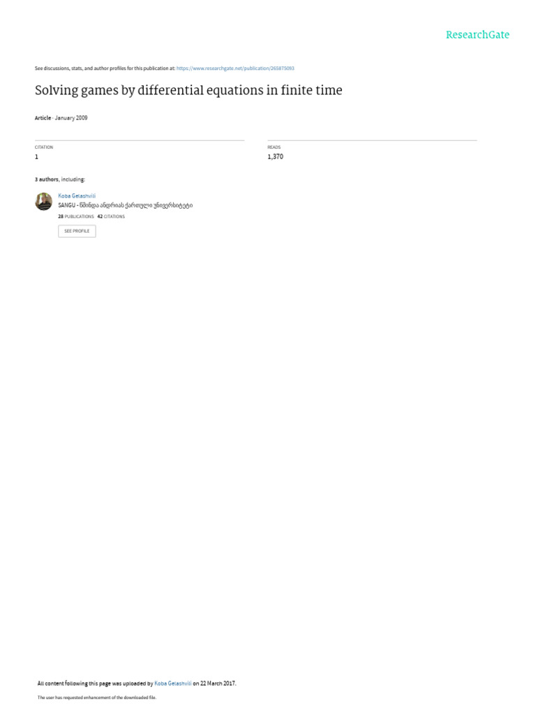 Solving Games by Differential Equations in Finite Time: January 2009 | PDF | Ordinary ...