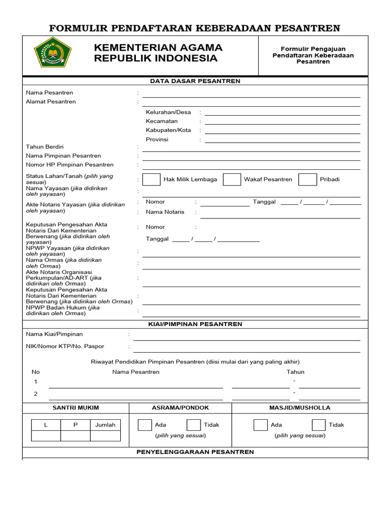 Formulir Pendaftaran Keberadaan Pesantren | PDF Formulir Pendaftaran Keberadaan Pesantren | PDF
