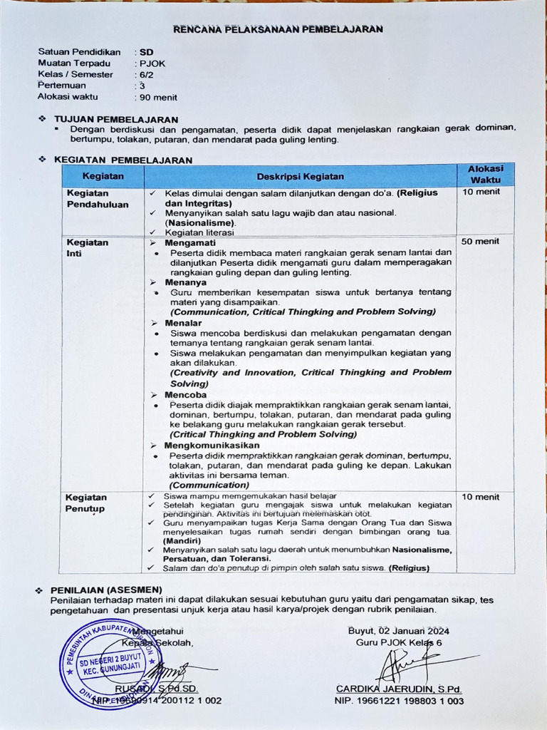 RPP Kelas 6 Pjok | PDF
