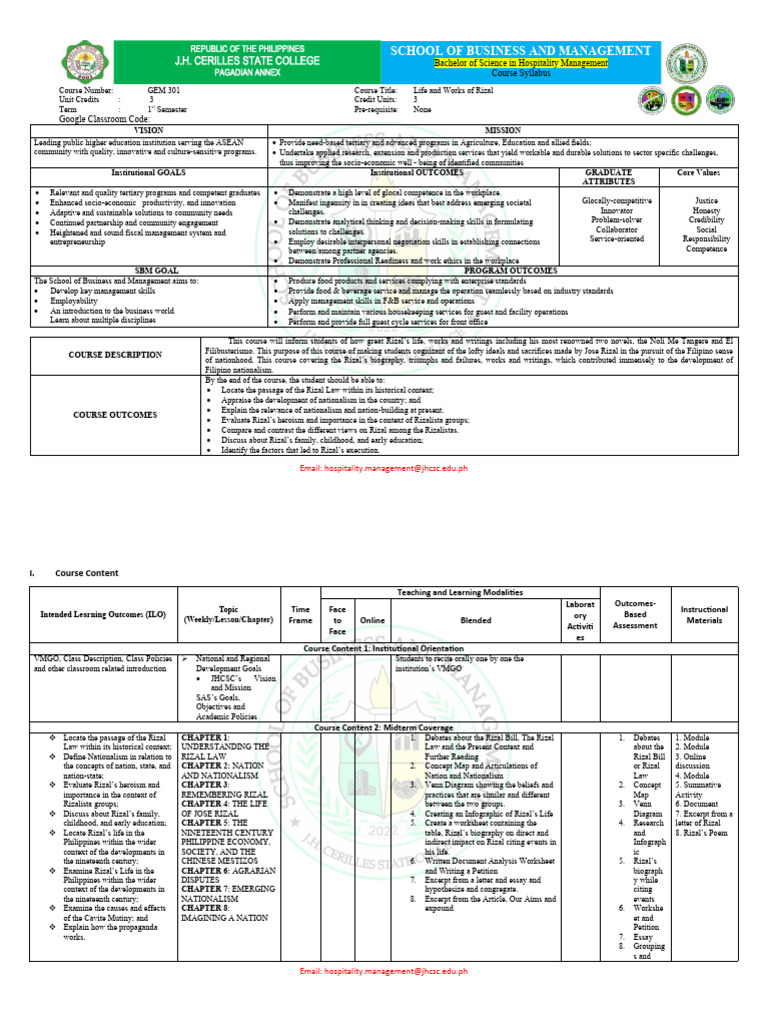 2022 2023 Sbm Syllabus Life And Works Of Rizal Pdf