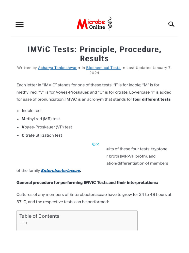 IMViC Tests - Principle, Procedure, Results - Microbe Online | PDF ...