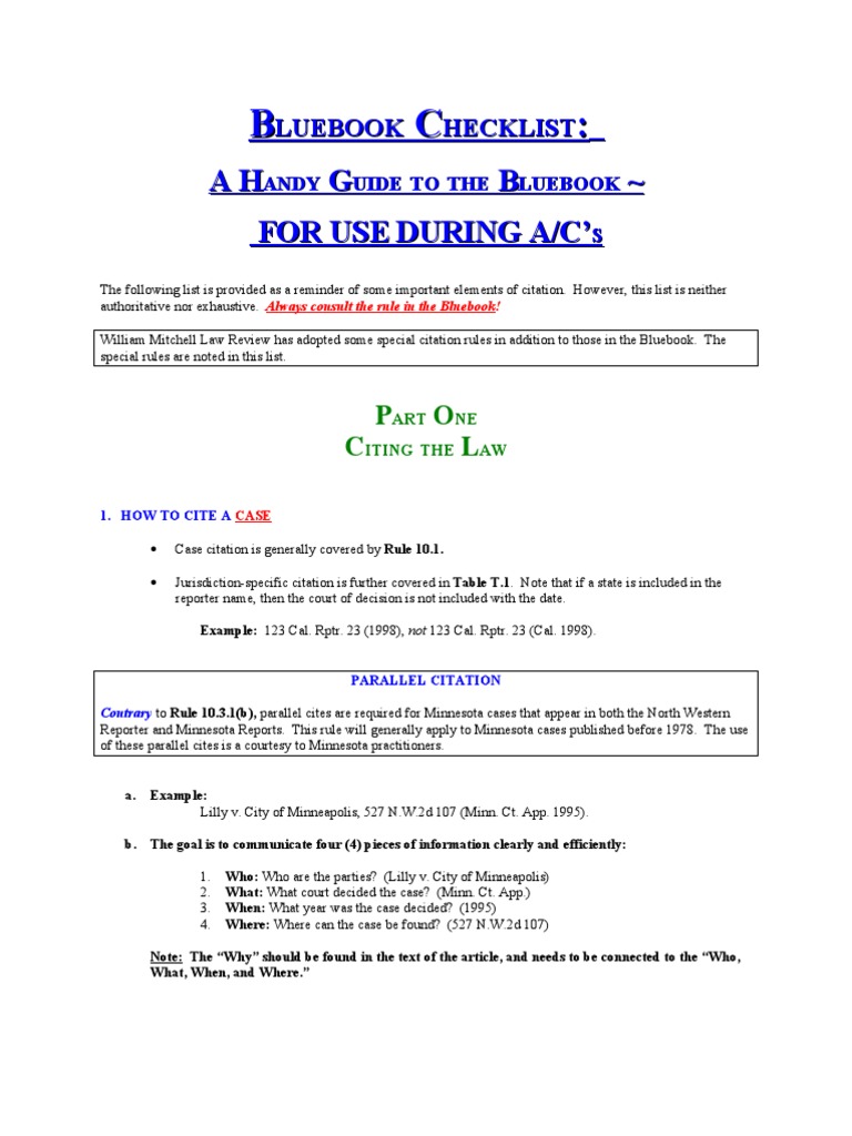 Bluebook Citation Checklist Guide | PDF | Case Citation | Citation