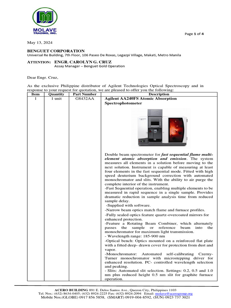 (05-13-24 QUOTATION) Agilent 240FS AAS - Benguet Corp | PDF | Atomic Absorption Spectroscopy ...
