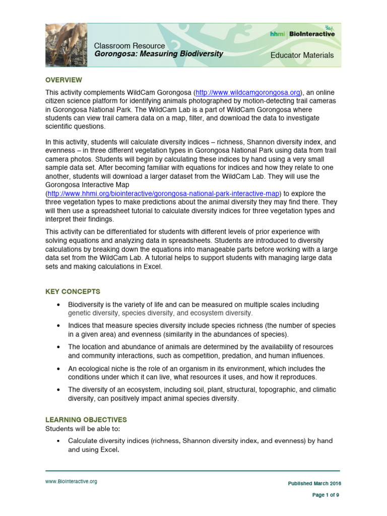 Wildcam Biodiversity Educator Pdf Biodiversity Ecological Niche
