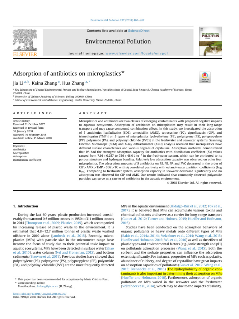 Adsorbtion of Antibiotics On Microplastic | PDF | Adsorption | Plastic