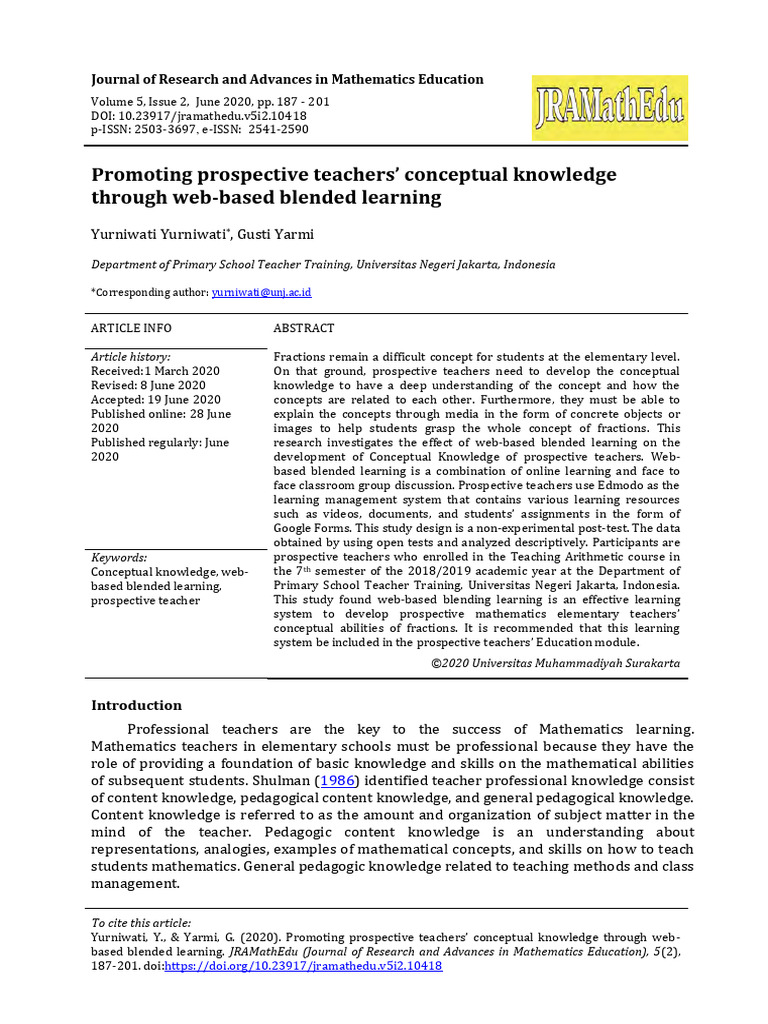 Jurnal Promoting Prospective Teachers Conceptual Knowledge Through Web-Bsed Blended Learning ...