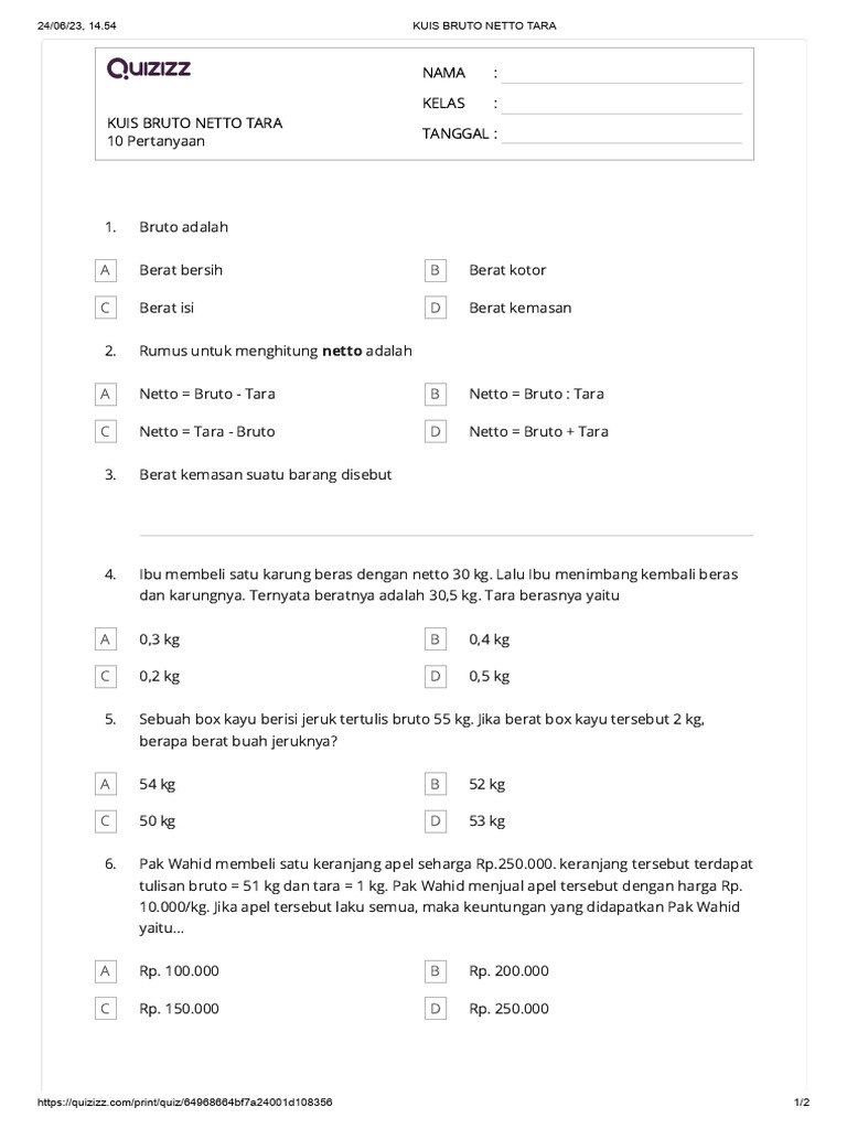 Kuis Bruto Netto Tara | PDF