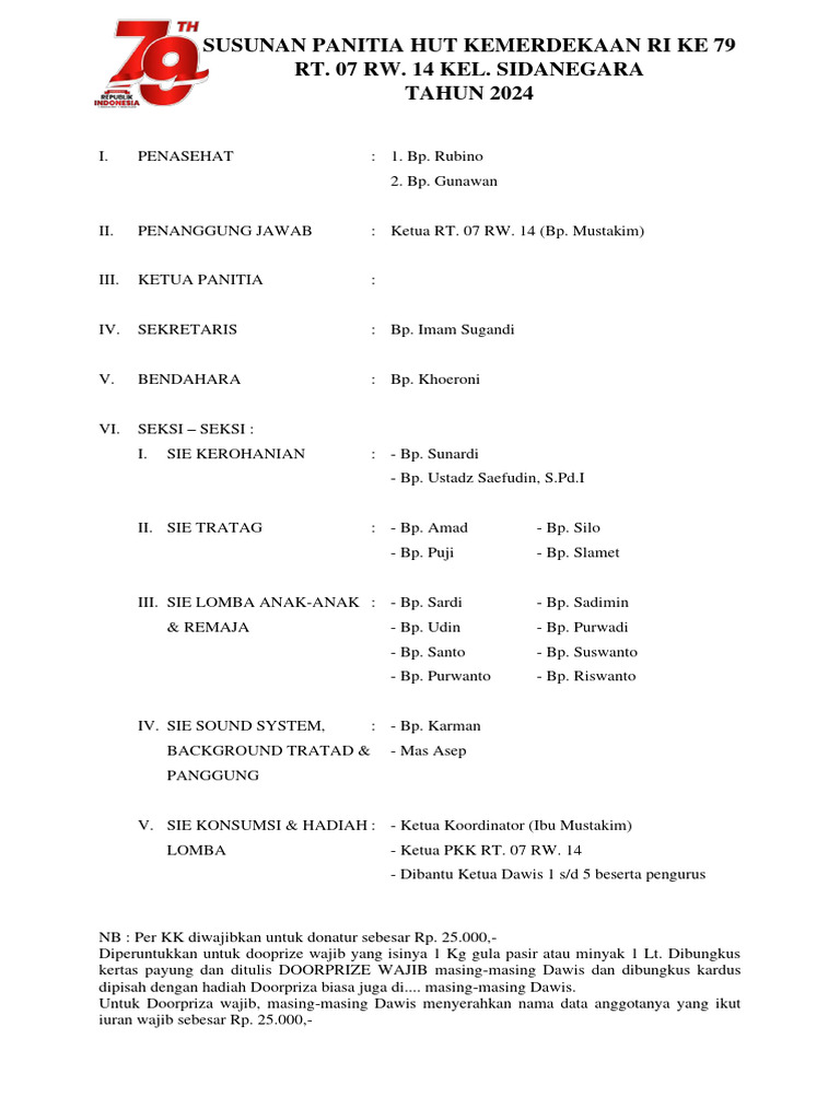 Susunan Panitia Hut Kemerdekaan Ri Ke 79 | PDF