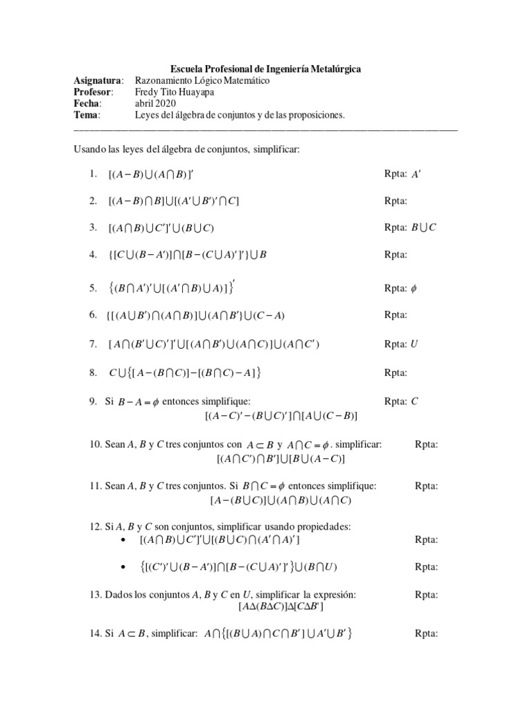Tarea Leyes Álgebra de Conjuntos y de Las Proposiciones | PDF | Matemáticas